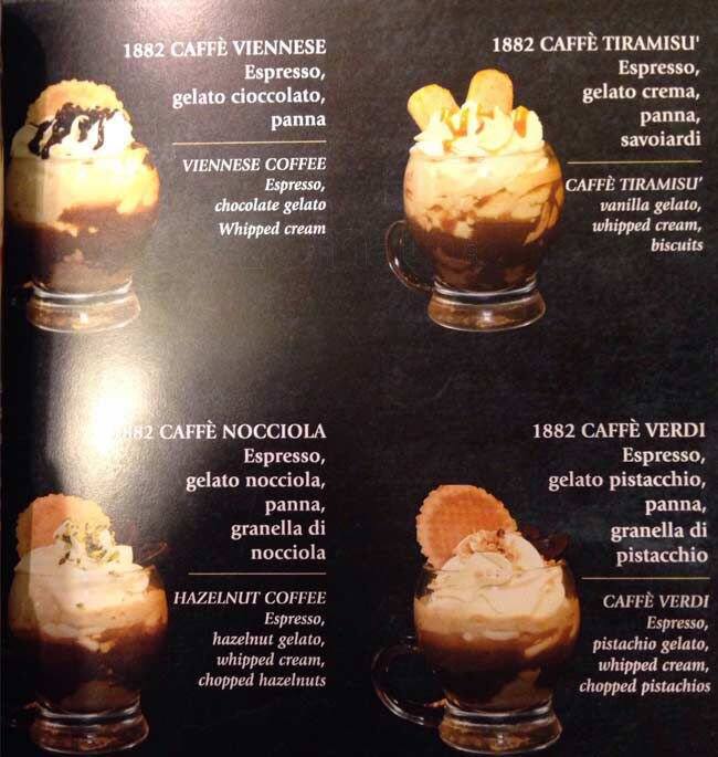 Menu at Caffè Vergnano cafeteria, Milan, Via Cesare Battisti