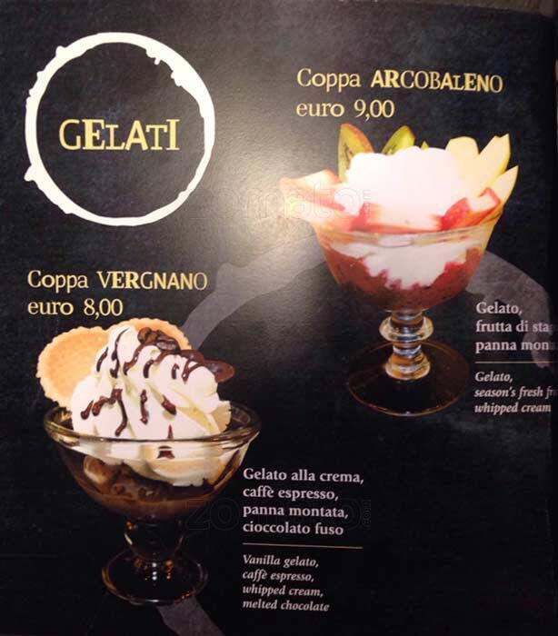 Menu at Caffè Vergnano cafeteria, Milan, Via Cesare Battisti