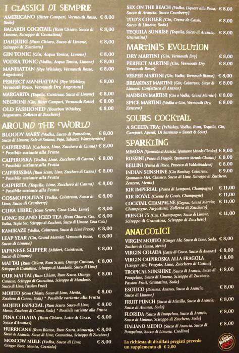 Menu at Caffè Vergnano cafeteria, Milan, Via Cesare Battisti