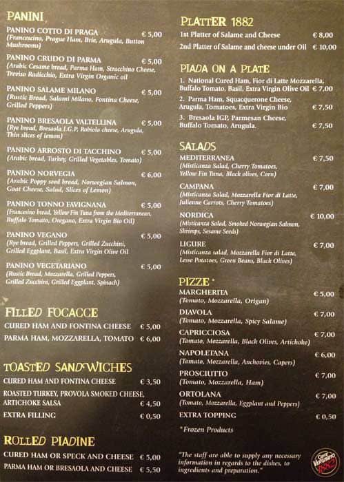 Menu at Caffè Vergnano cafeteria, Milan, Via Cesare Battisti