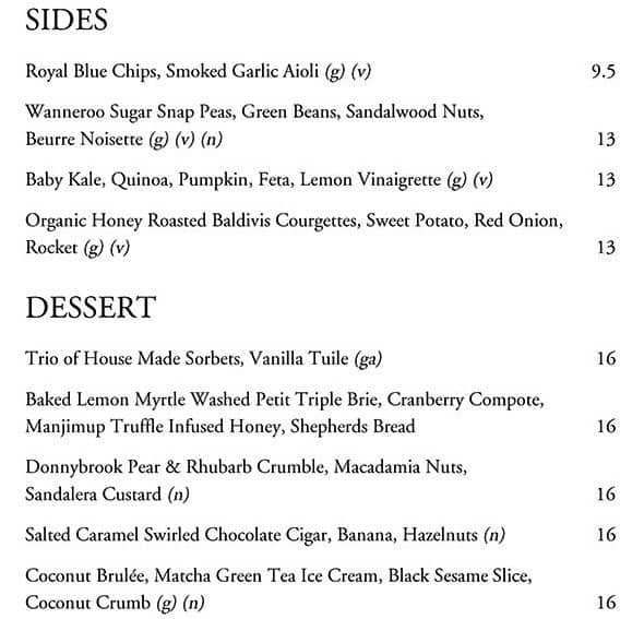 Menu at Sandalford Restaurant, Caversham