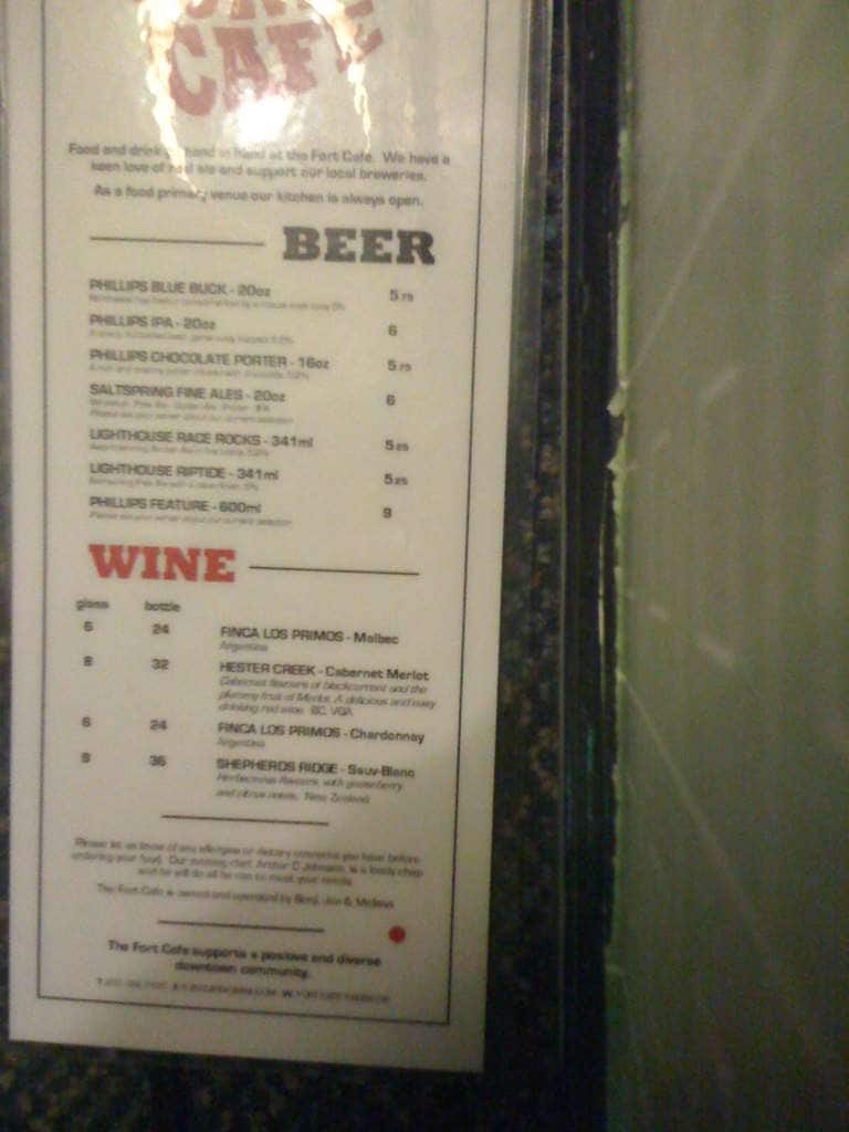 Menu at Fort Street Cafe, Victoria