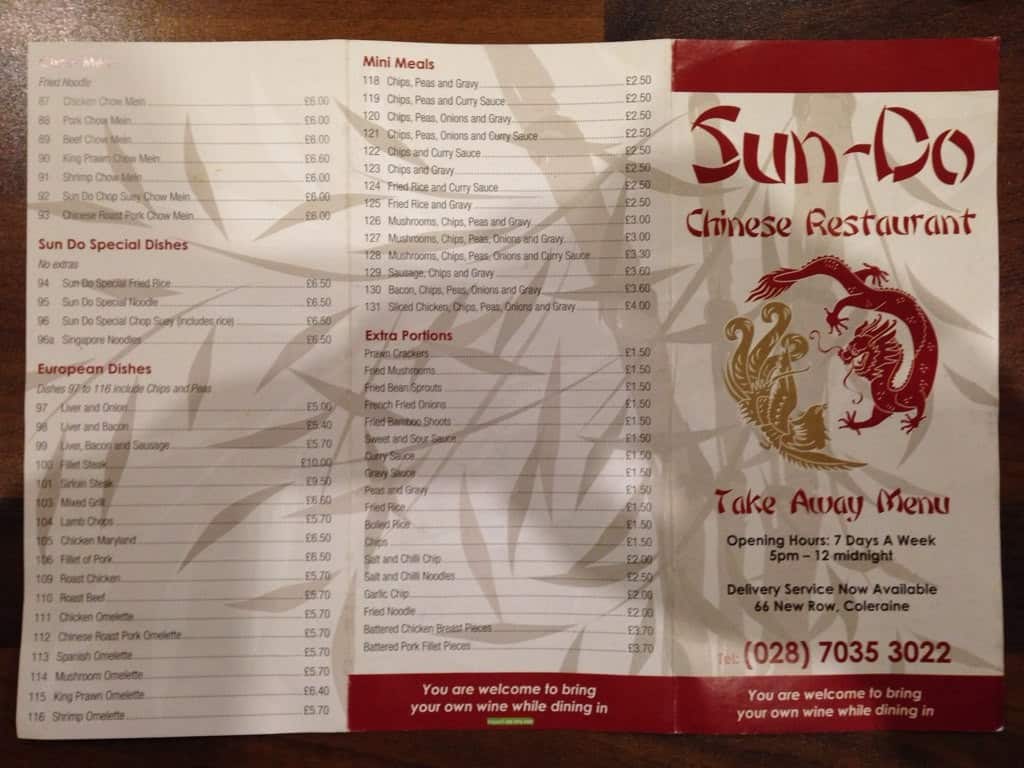 Menu at Sun Do Restaurant, Coleraine