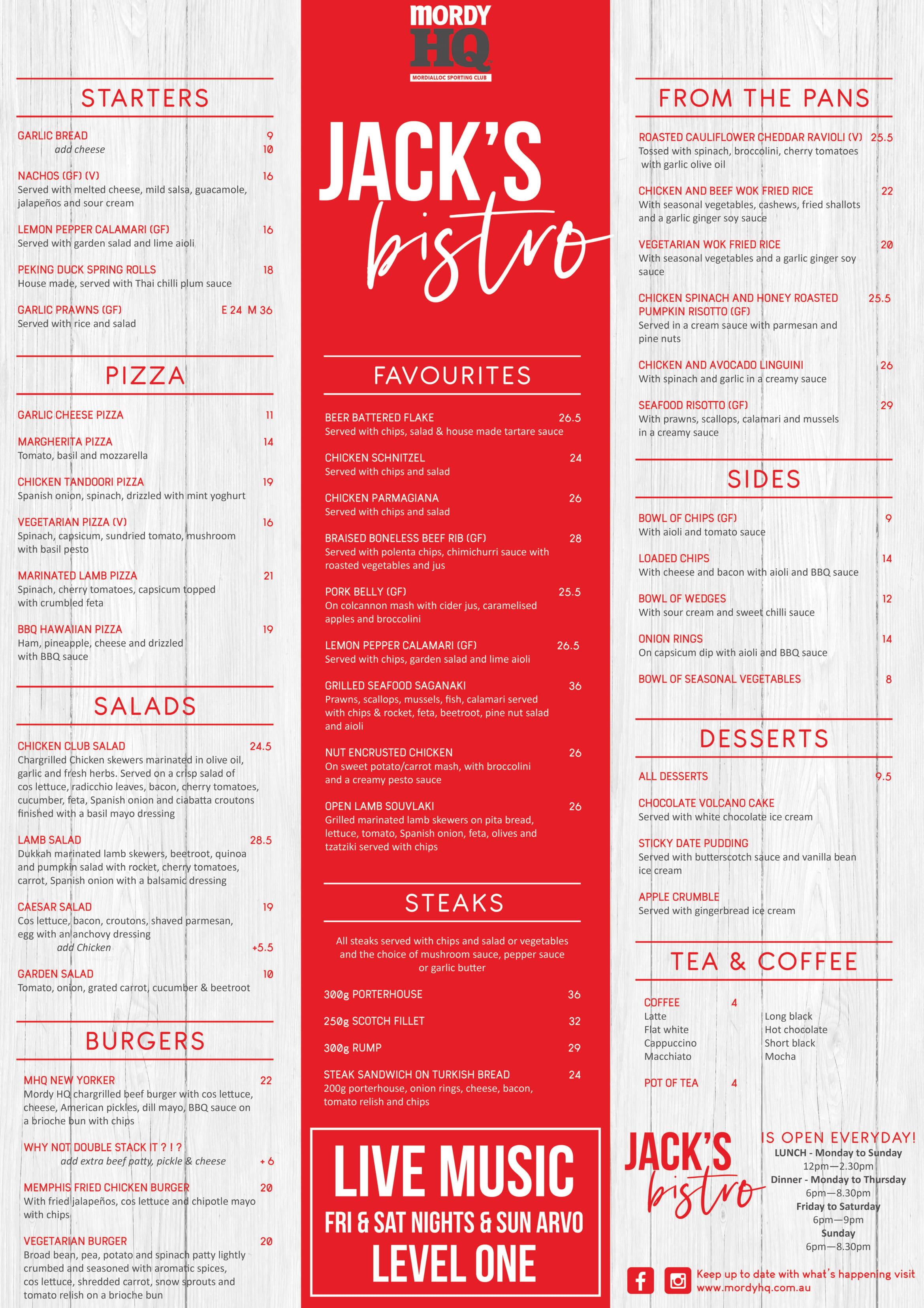 Menu at Mordialloc Sporting Club, Mordialloc