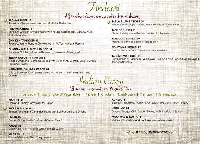 Menu at Tabla restaurant, Orlando, Grand National Dr