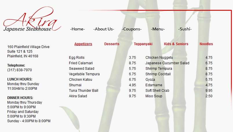 Menu at Akira Japanese Steakhouse, Plainfield