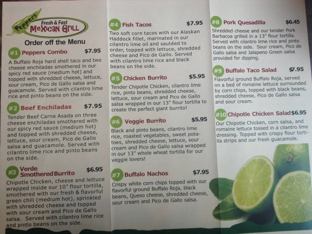 Menu at Peppers Mexican grill fast food, Estes Park
