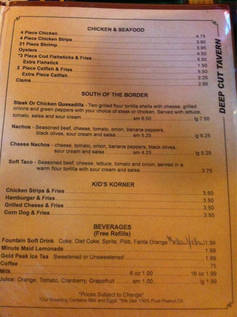 Menu at Deep Cut Tavern pub & bar, USA