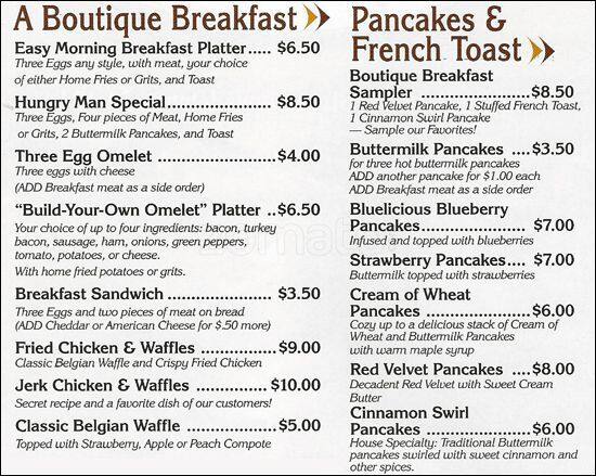 Menu at Breakfast Boutique restaurant, Philadelphia, N Broad St