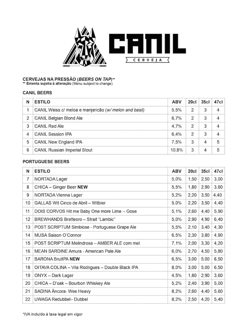 Menu at Canil pub & bar, Lisbon