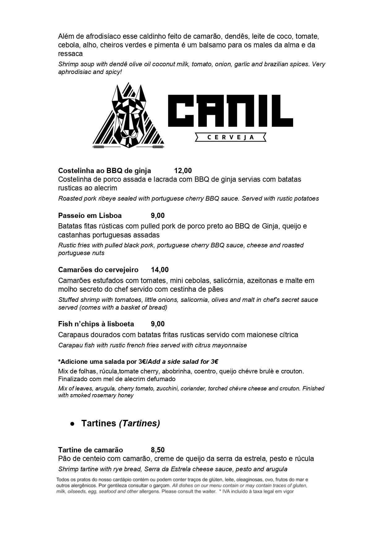 Carta del pub y bar Canil, Lisboa