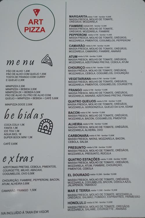 Menu at Art Pizza restaurant, Porto, R. de São Brás 483