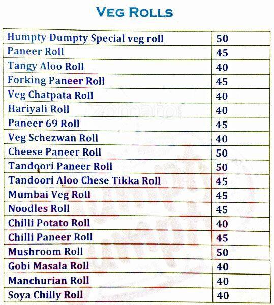 Menu at Humpty Dumpty, Bengaluru