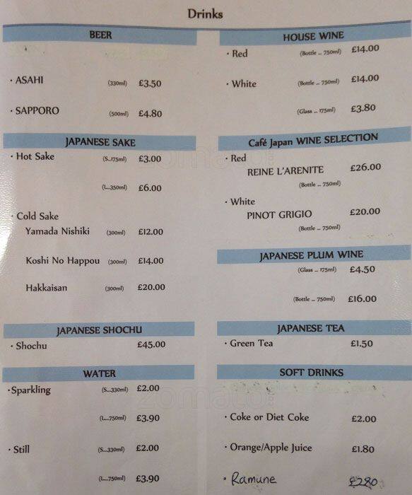 Menu at Cafe Japan, London