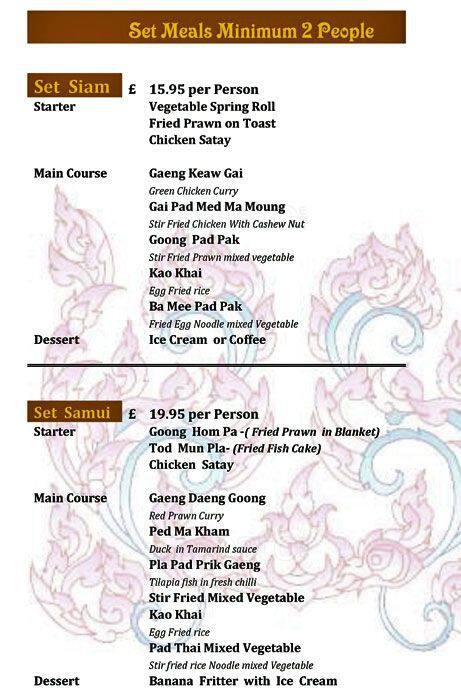 Menu at Songkran Thai restaurant, Worcester Park