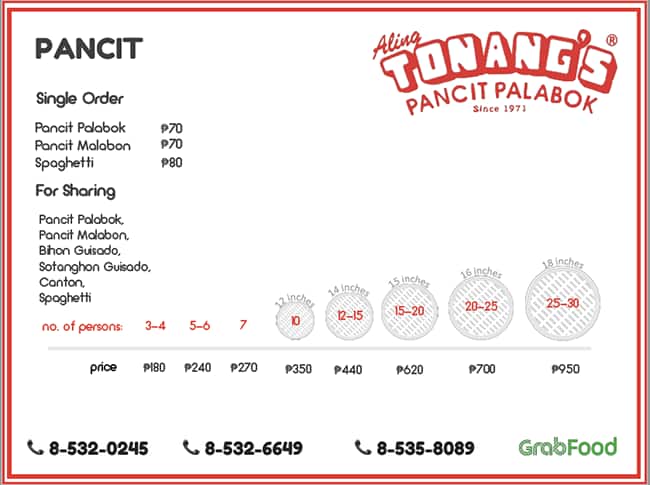 Menu at Tonang's Pancit Palabok restaurant, Mandaluyong