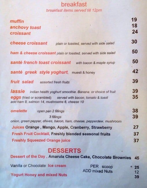 Menu at Cafe Sante (Bar - Restaurant), Cape Town