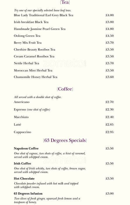 Menu at 63 Degrees restaurant, Manchester