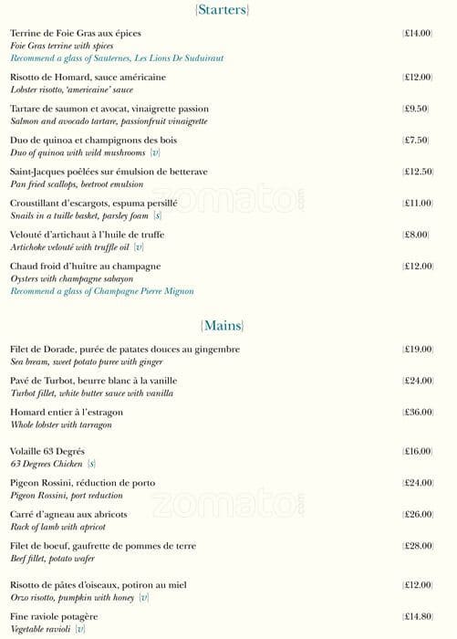 Menu at 63 Degrees restaurant, Manchester