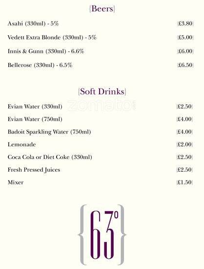 Menu at 63 Degrees restaurant, Manchester