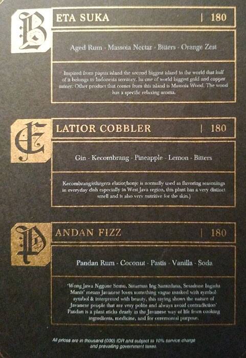 Menu at Barong Bar, Jakarta
