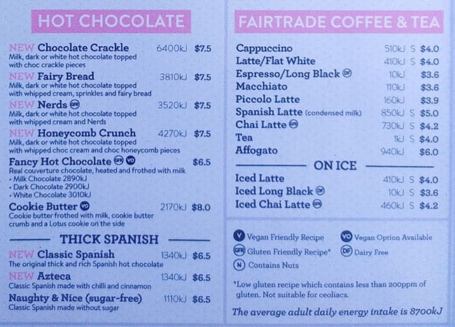 Menu at Chocolateria San Churro restaurant, Miranda