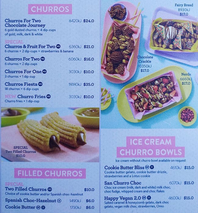 Menu at Chocolateria San Churro restaurant, Miranda