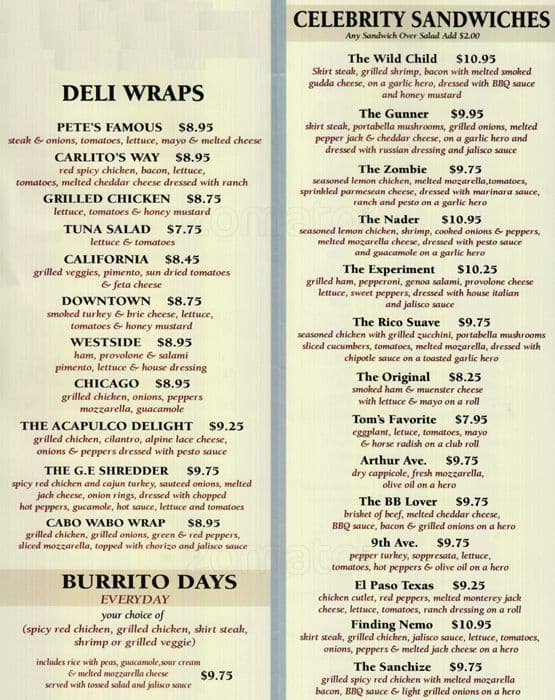 Menu at Tasty Deli restaurant, New York City, Broadway