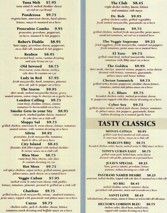 Menu at Tasty Deli restaurant, New York City, Broadway