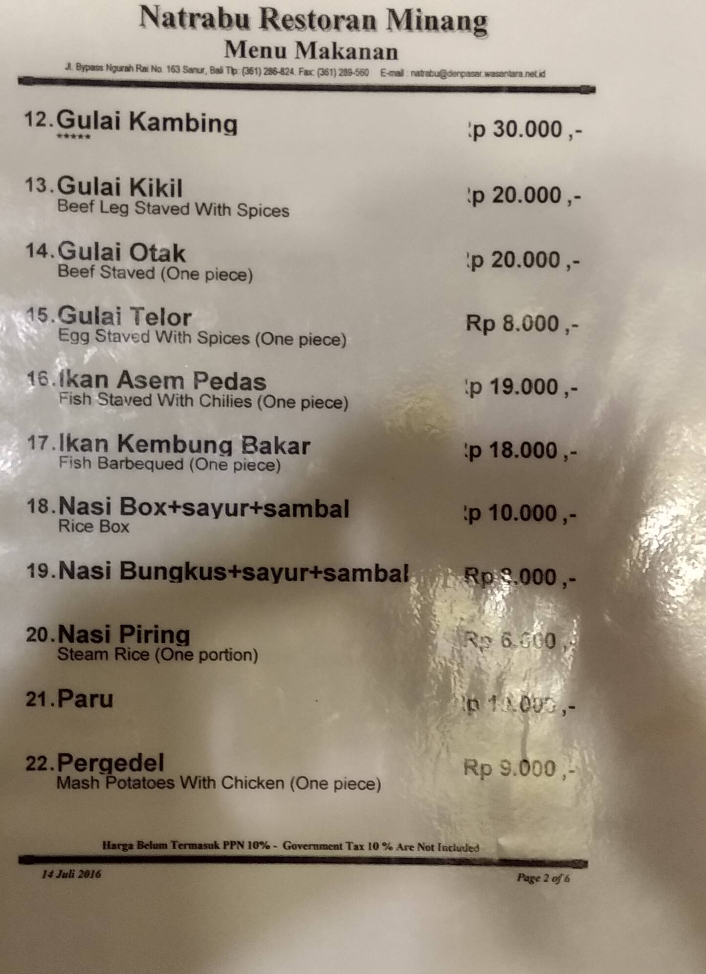 Carta de Natrabu Minang Restaurant (Padang Food) Nusa Dua, Bali ...