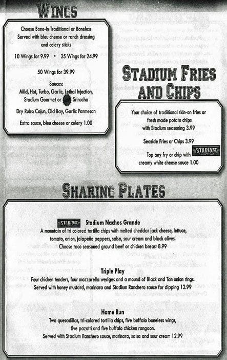 Menu at Stadium pub & bar, Levittown