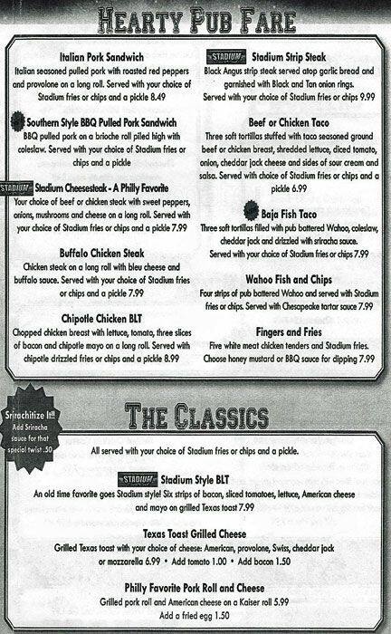 Menu at Stadium pub & bar, Levittown