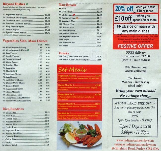 Menu at Indian Ocean restaurant, Purley, 86 Brighton Rd