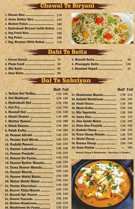 Menu of Rajdoot, Gamma 1, Greater Noida