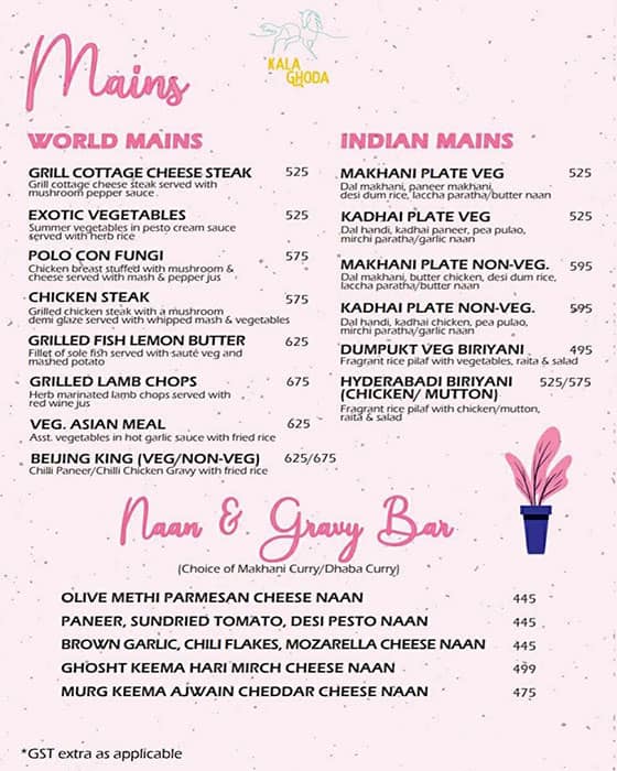 Menu at Kala Ghoda, Chandigarh