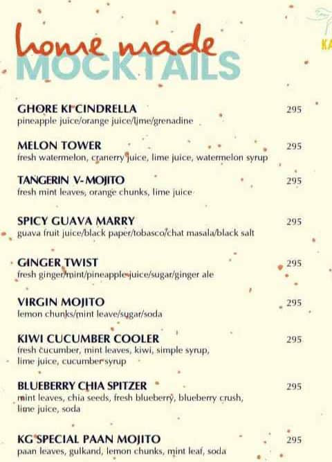 Menu at Kala Ghoda, Chandigarh