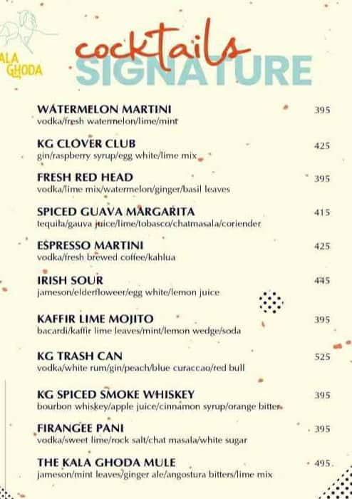 Menu at Kala Ghoda, Chandigarh
