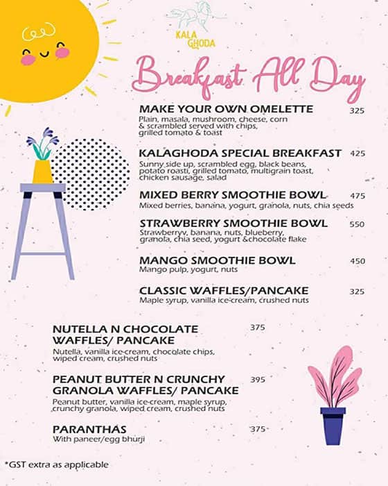 Menu at Kala Ghoda, Chandigarh