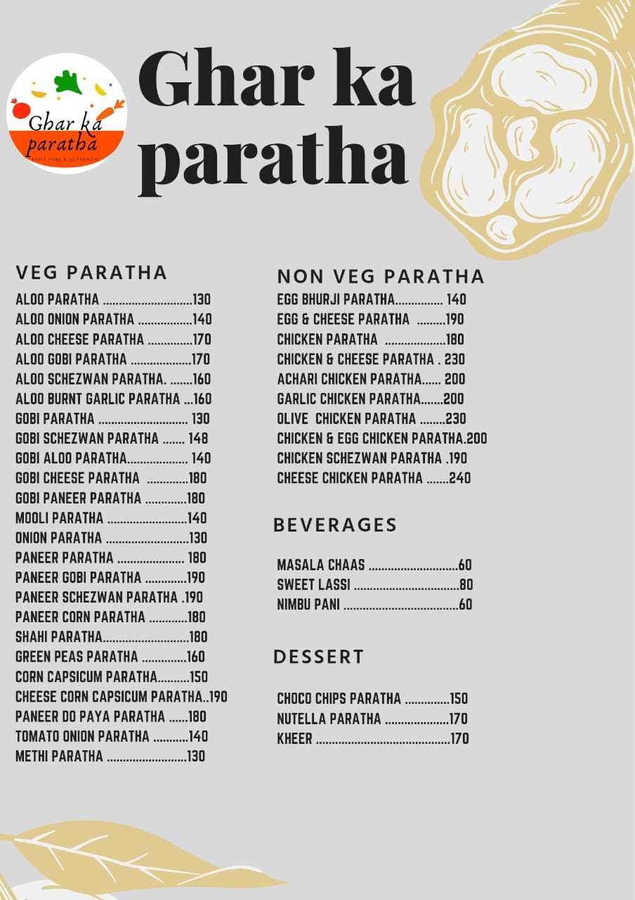 Menu of Ghar Ka Paratha, Kandivali West, Mumbai