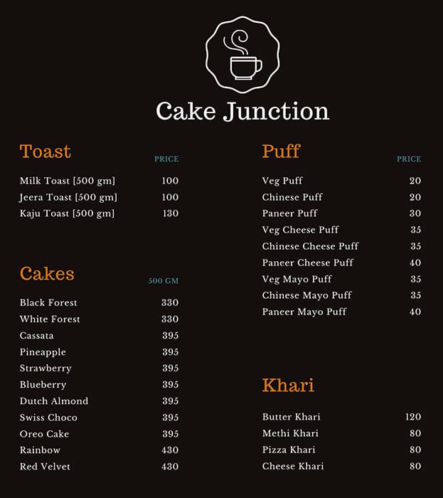 Menu at Cake junction, Ahmedabad, 3MH3+F77