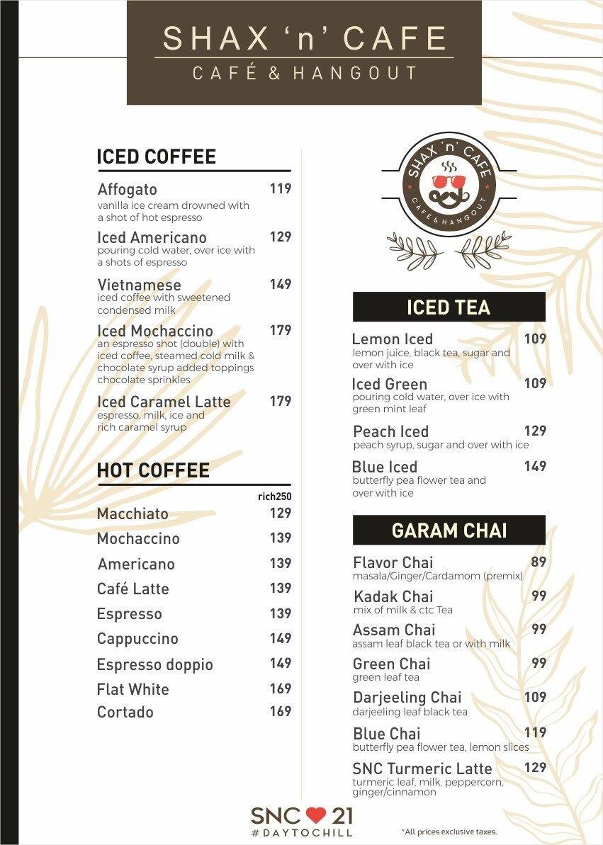 Menu of Shax n Cafe, Palam, New Delhi