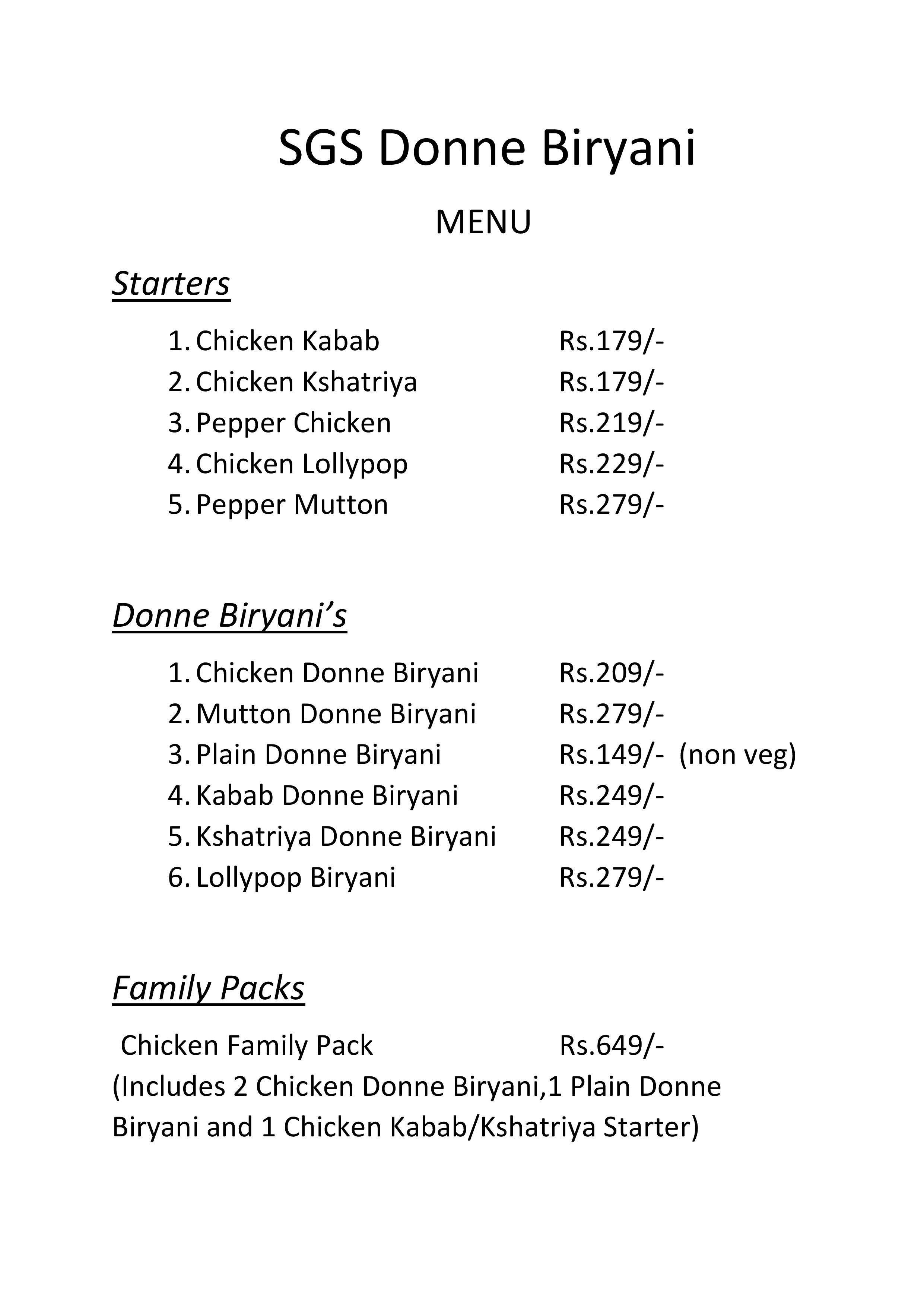 Menu of SGS Donne Biryani, Karkhana, Secunderabad