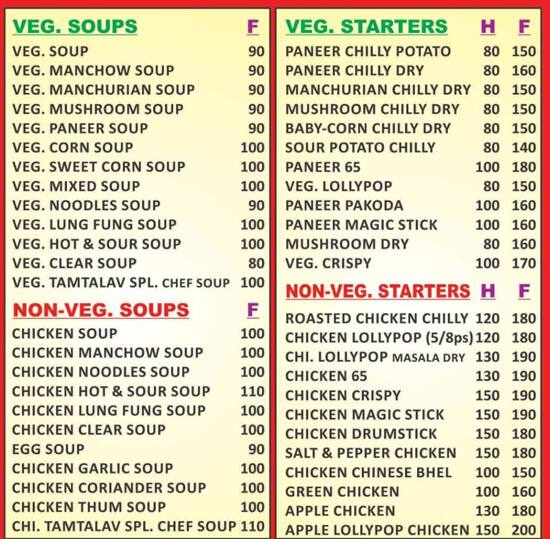 Menu of Shree Sai Samarth Tamatalav Chinese Point, Vasai, Mumbai
