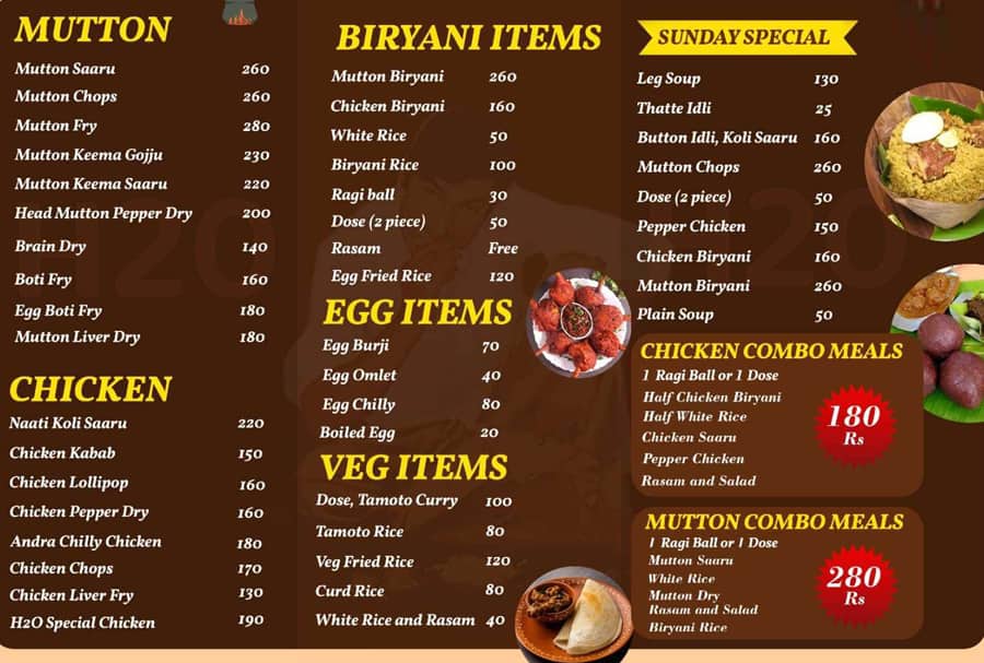 Menu of Hesaraghatta Oley Oota - H20, Jalahalli, Bangalore