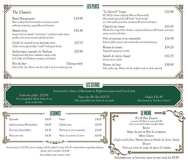 Menu at Le Garrick pub & bar, London, 10-12 Garrick St