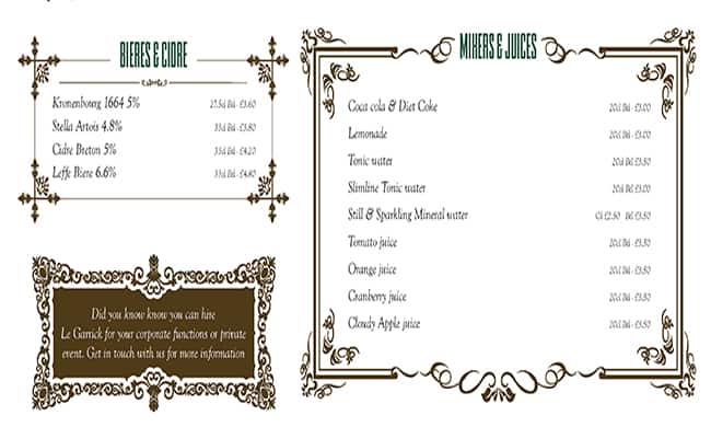 Menu at Le Garrick pub & bar, London, 10-12 Garrick St