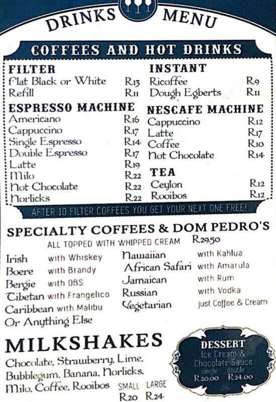 Menu at Barney's Bistro, Cape Town