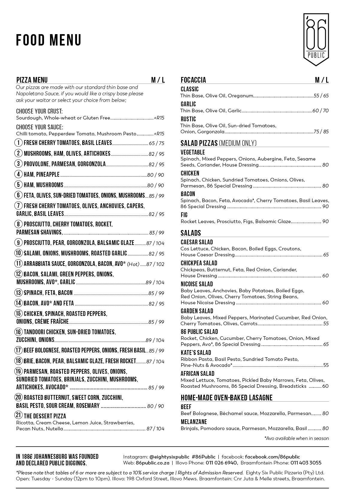 Menu at 86 Public Pizzeria, Johannesburg, Juta St
