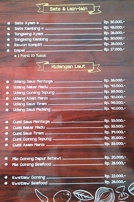 Menu at Dapur Betawi restaurant, Bekasi Regency, Jl Wibawa Mukti