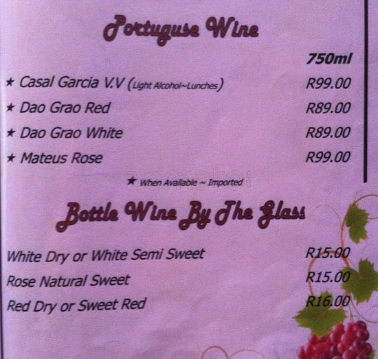Menu at Coimbra Restaurant, Durban